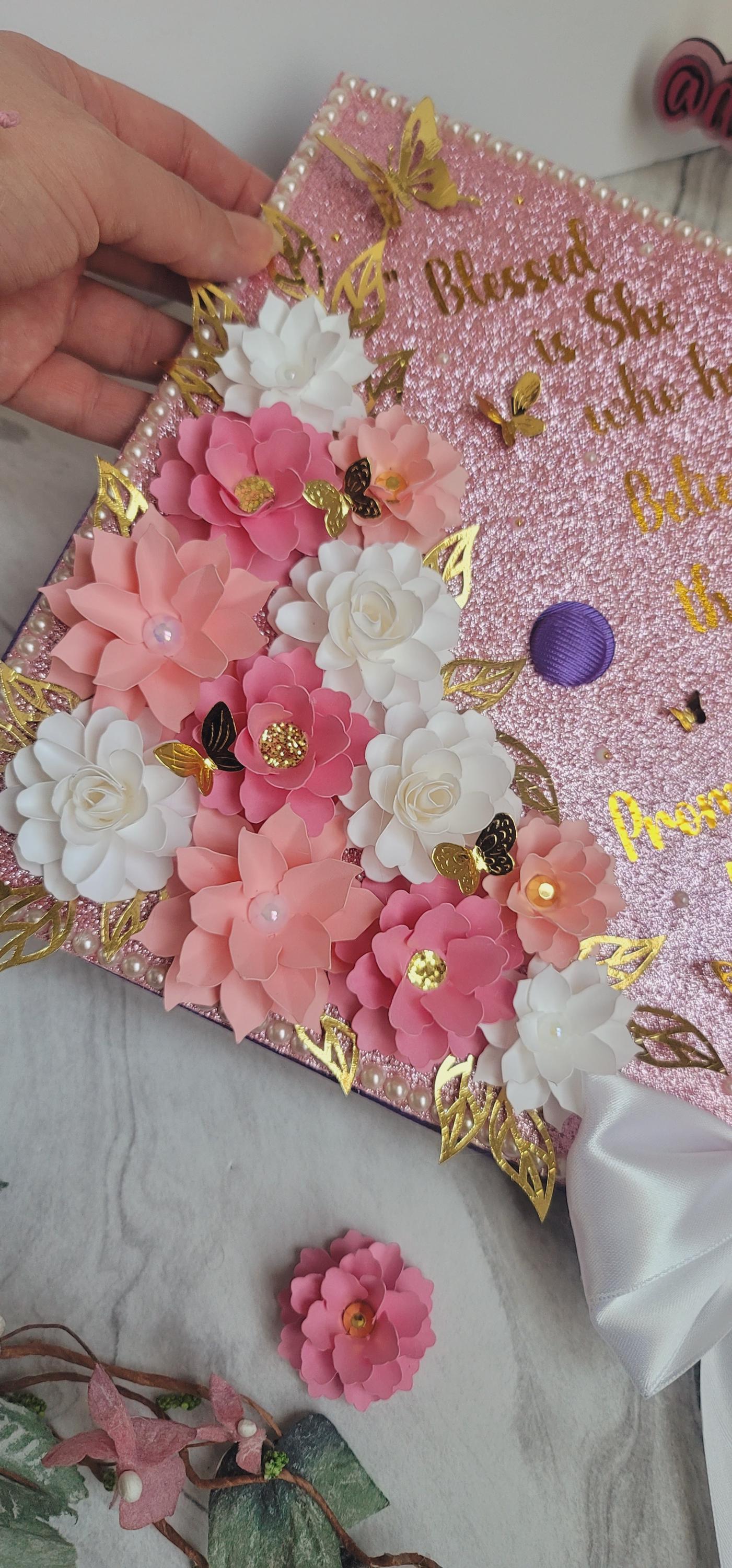 Custom Graduation Cap Topper, Pink Paper Flowers, Class of 2026, High ...