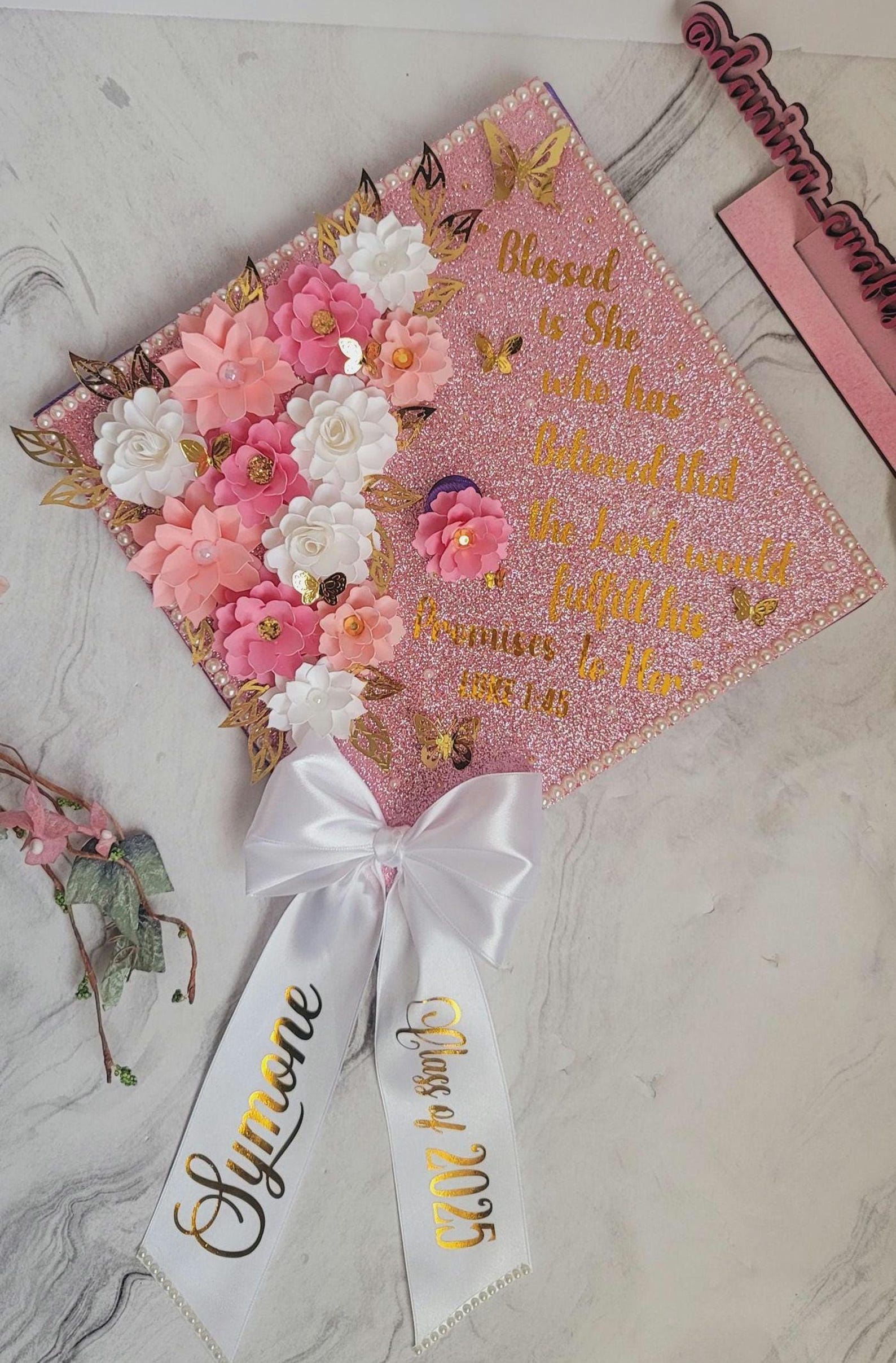 Custom Graduation Cap Topper, Pink Paper Flowers, Class of 2026, High ...