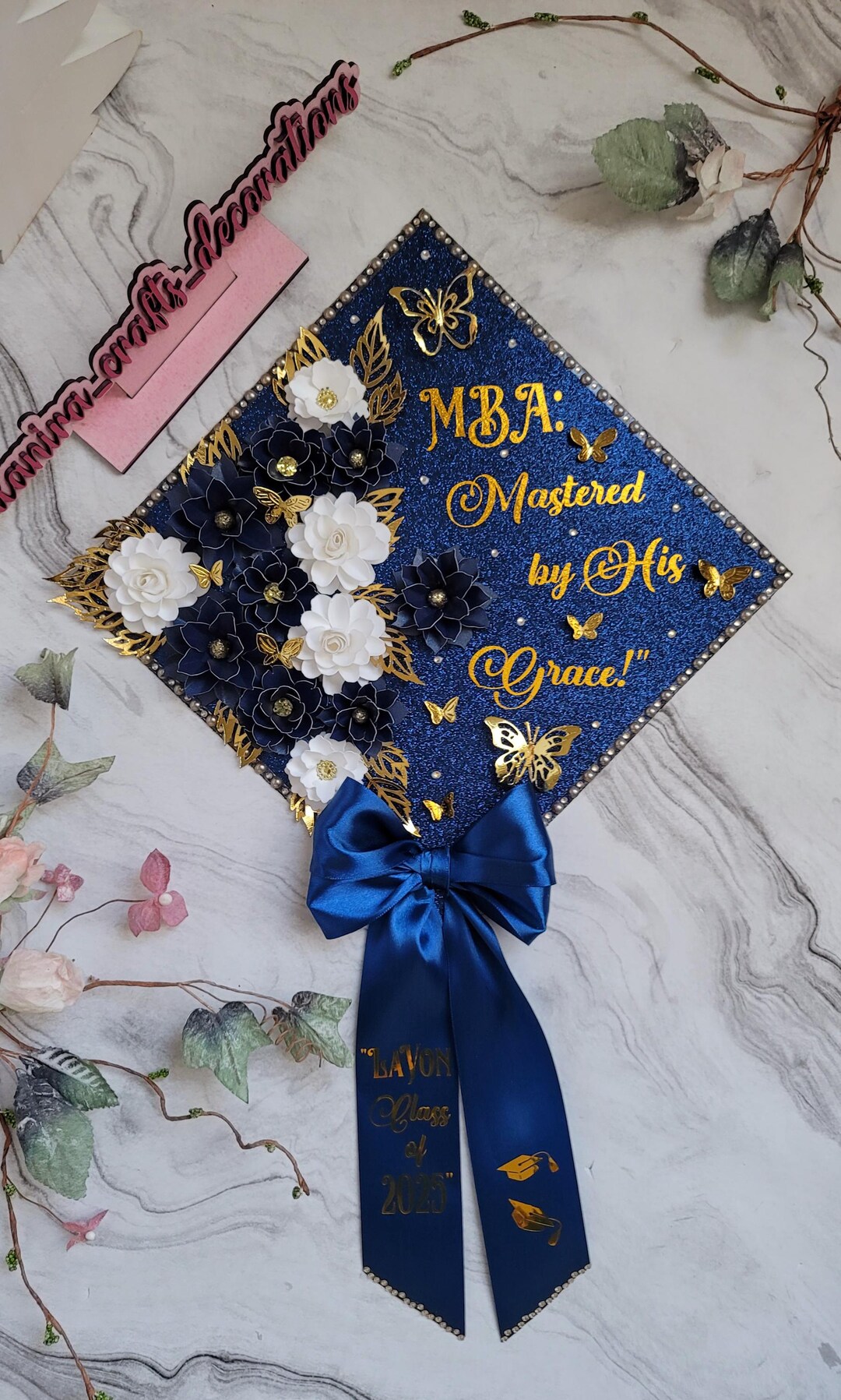 Custom Graduation Cap, Grad Cap Navy Blue, Graduation Decor, Class of ...