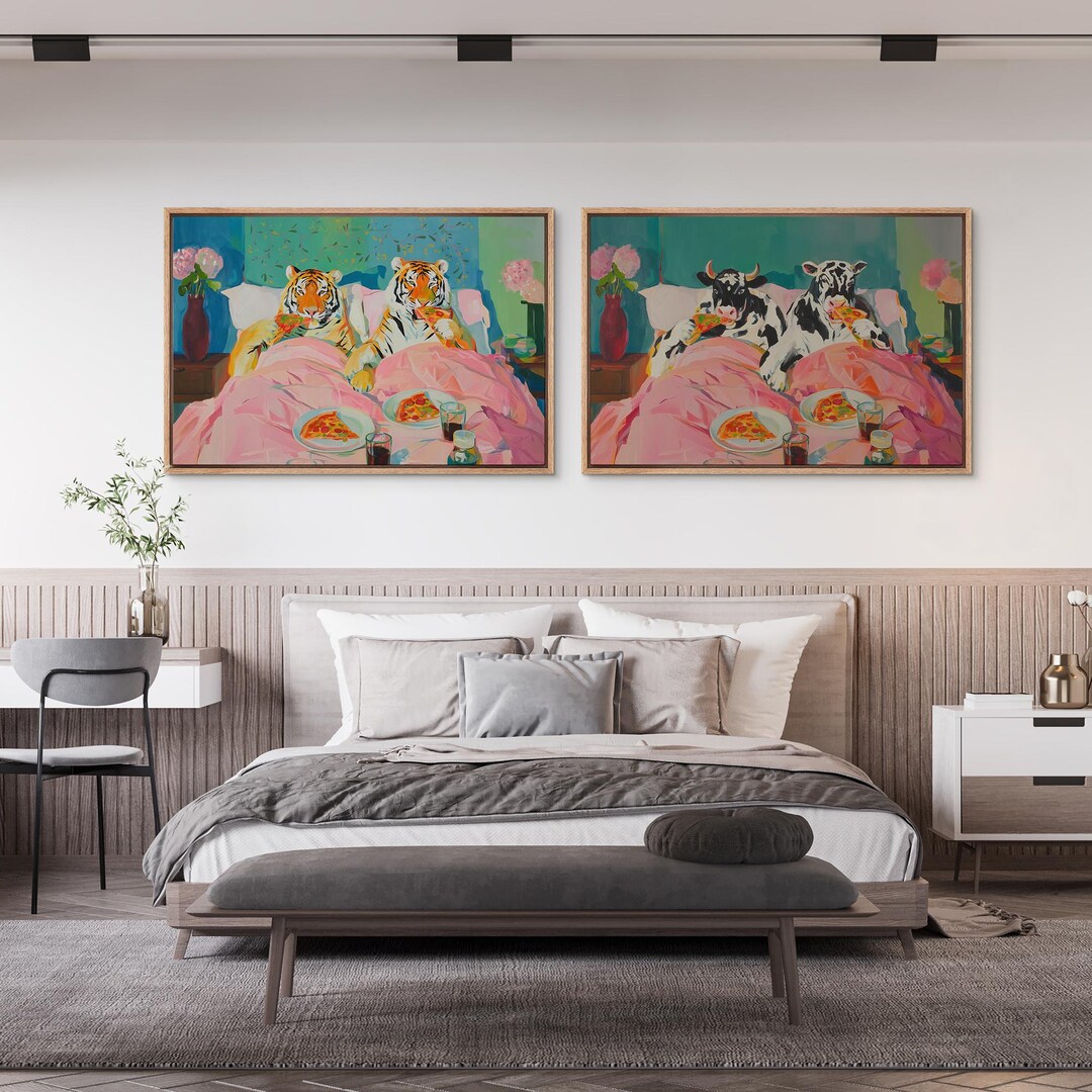 Animal Pizza Party Wall Art Set of 2 - Framed Whimsical Canvas Prints ...