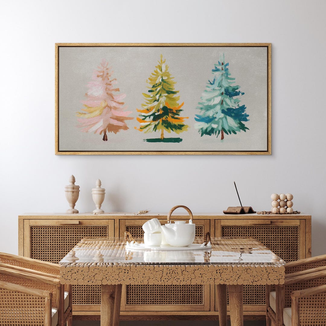 Colorful Christmas Tree Wall Art, Large Framed Modern Watercolor Pine ...