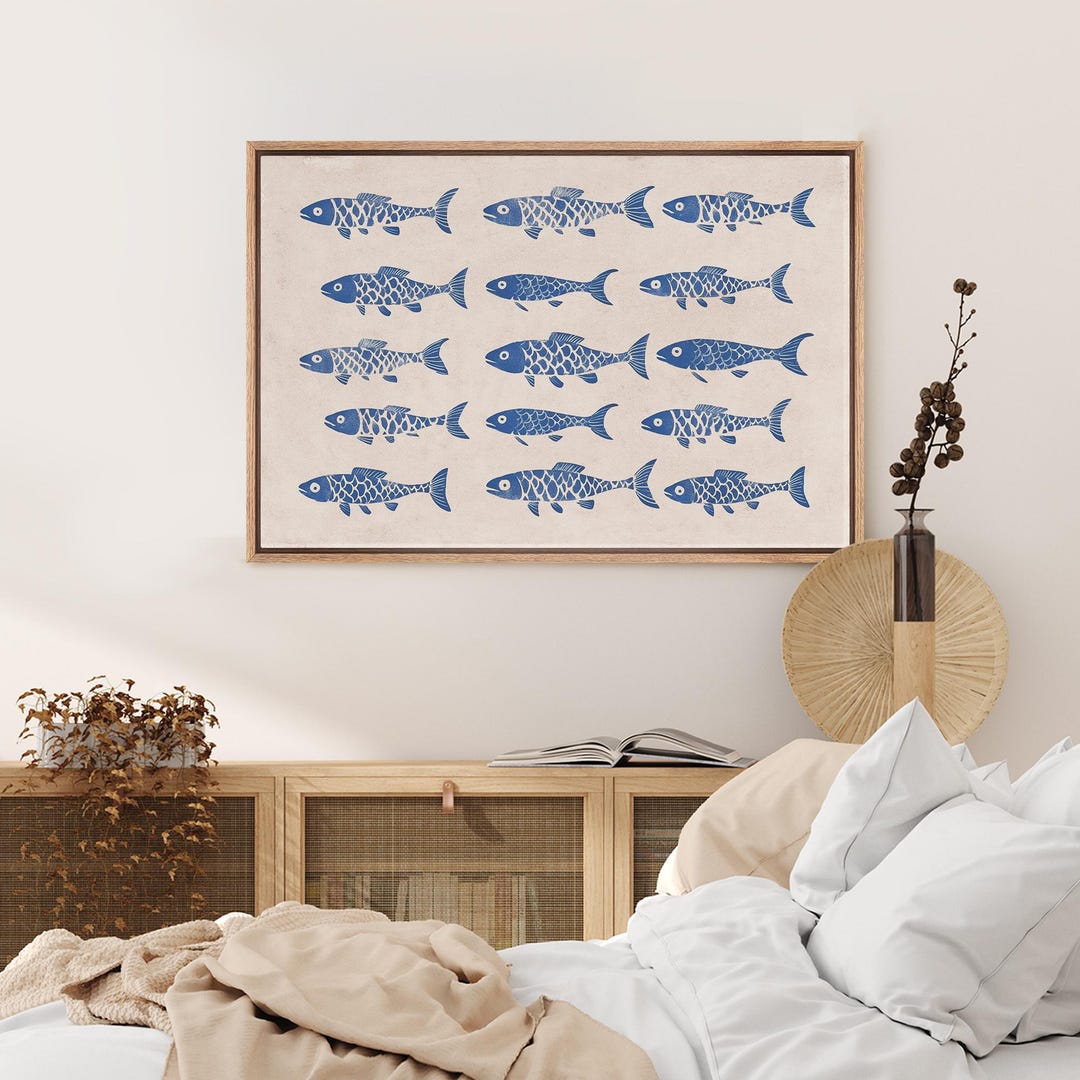 Framed Canvas Wall Art Print Abstract Blue Sardines Fish Eclectic Wall ...