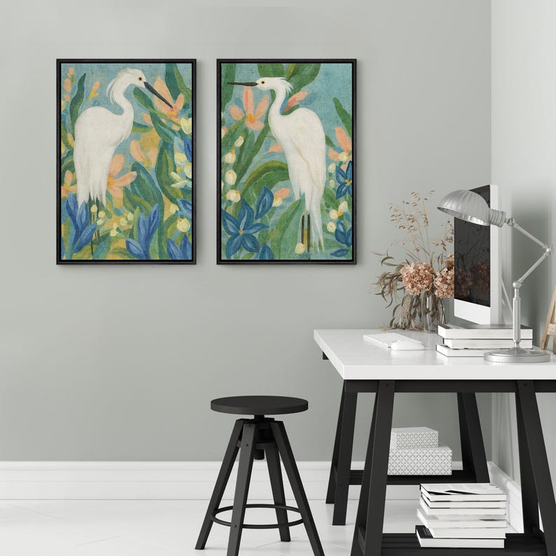 White Egret Wall Art - Set of 2 Framed Tropical Bird & Floral Canvas ...