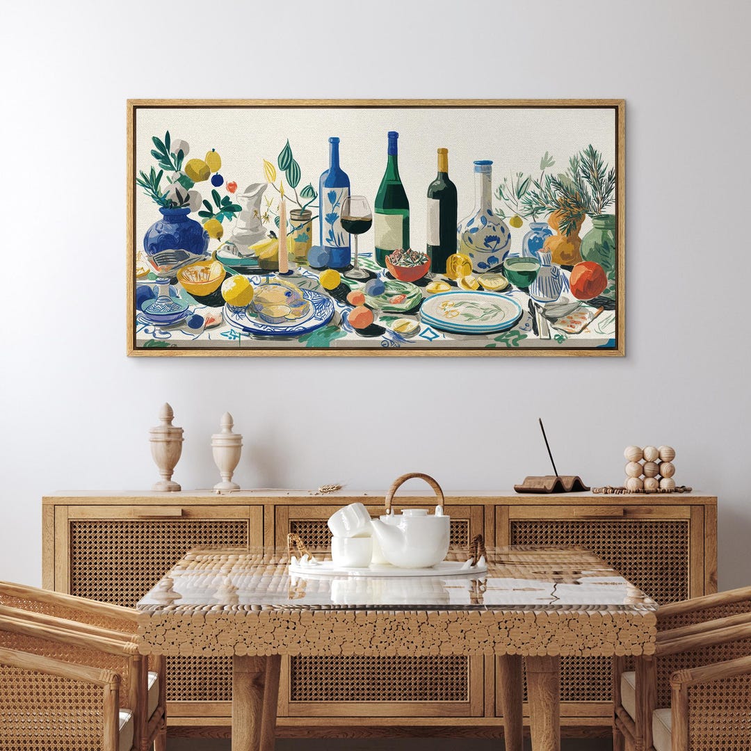 Large Framed Mediterranean Dining Still Life Canvas Print, Colorful ...