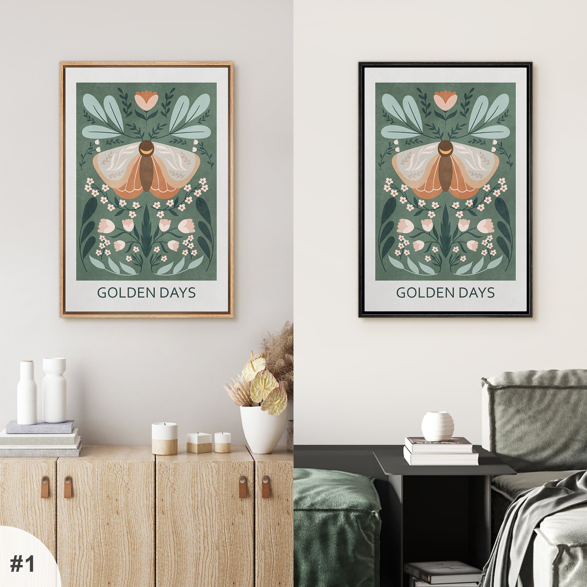 Botanical Print Emerald Green Butterfly Poster Set Boho - Etsy