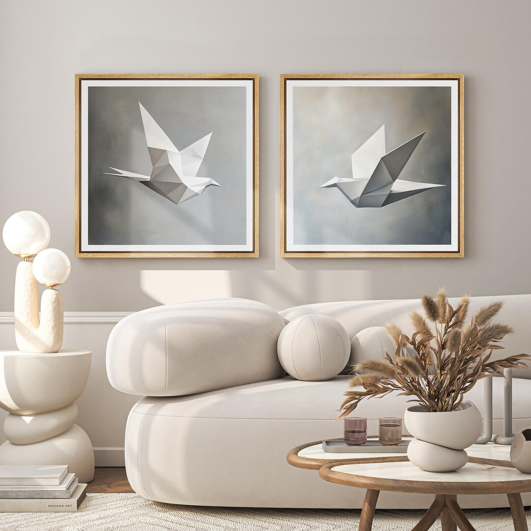2 Pieces Framed Canvas Wall Art Abstract Black Gray Bird Flock Prints ...