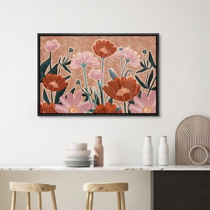 Boho Wall Art Prints, Retro Botanical Flower Gallery Wall Art, Red ...