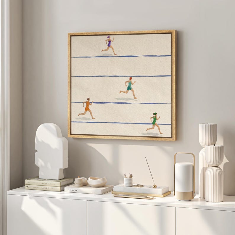 Framed Running Athletes Wall Art, Track Race Illustration Canvas Print ...