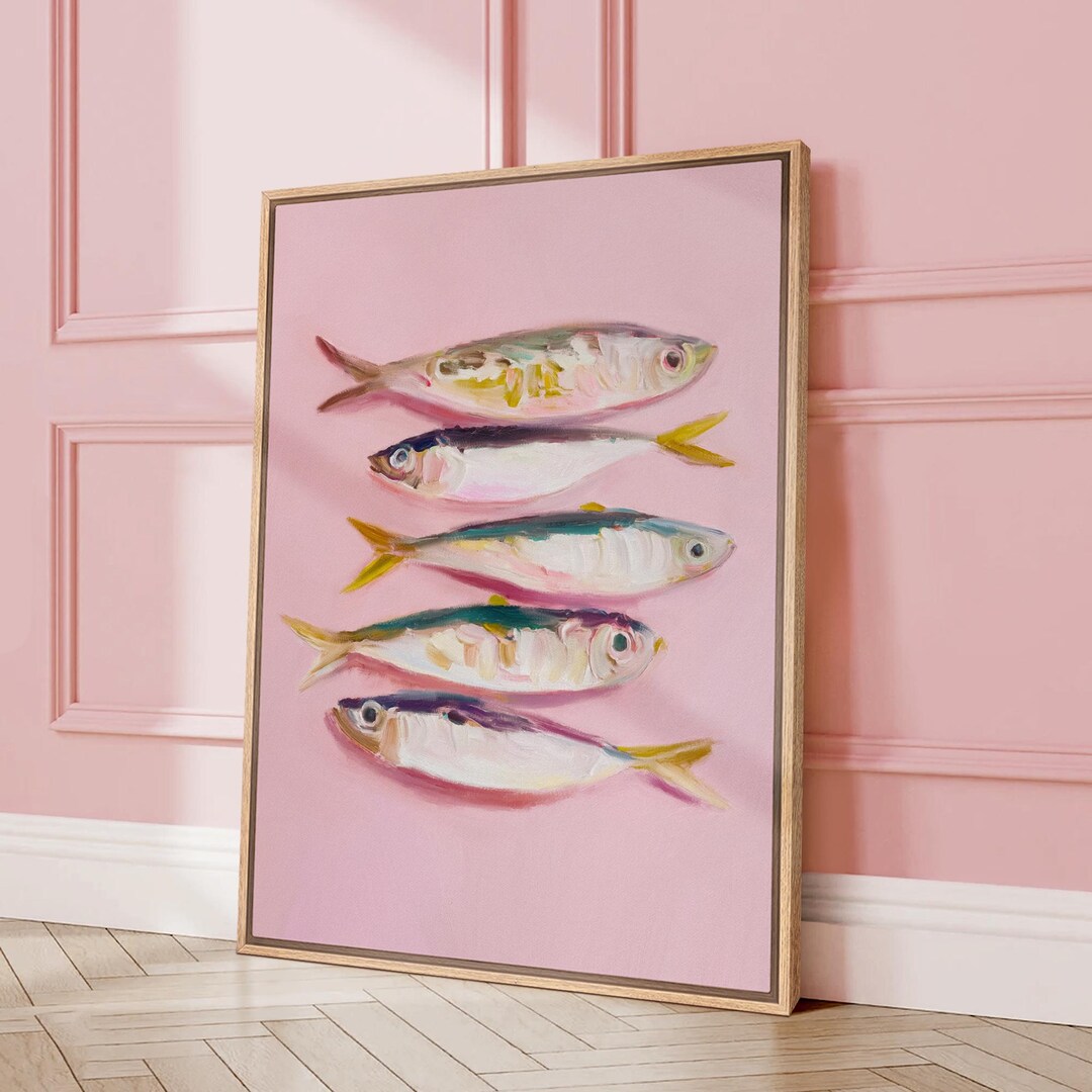 Pink Sardines Wall Art - Framed Seafood Canvas Print, Soft Pastel Fish ...