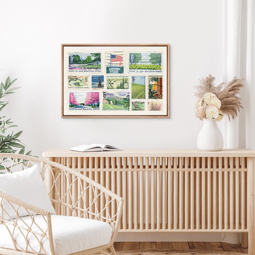 Vintage US Stamp Wall Art - Framed Postage Collage Canvas Print ...