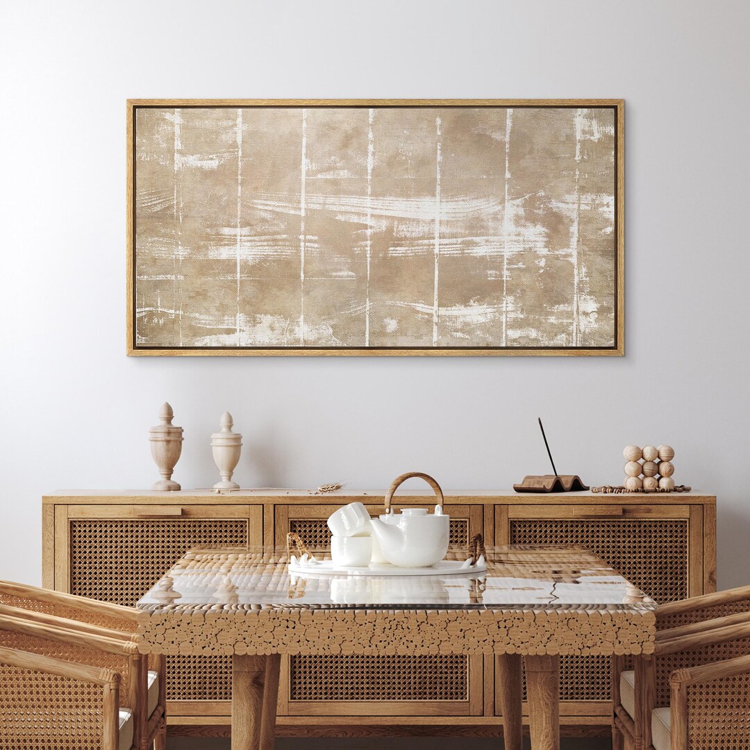 Large Framed Neutral Boho Abstract Wall Art, Beige Minimal Grid Canvas ...