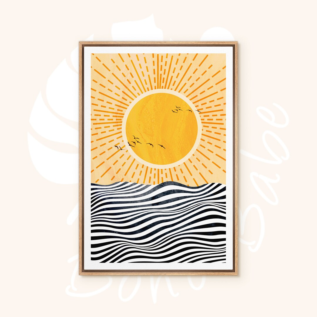 Framed Canvas Wall Art, Sun With Rays and Ocean Wave Landscape Prints ...