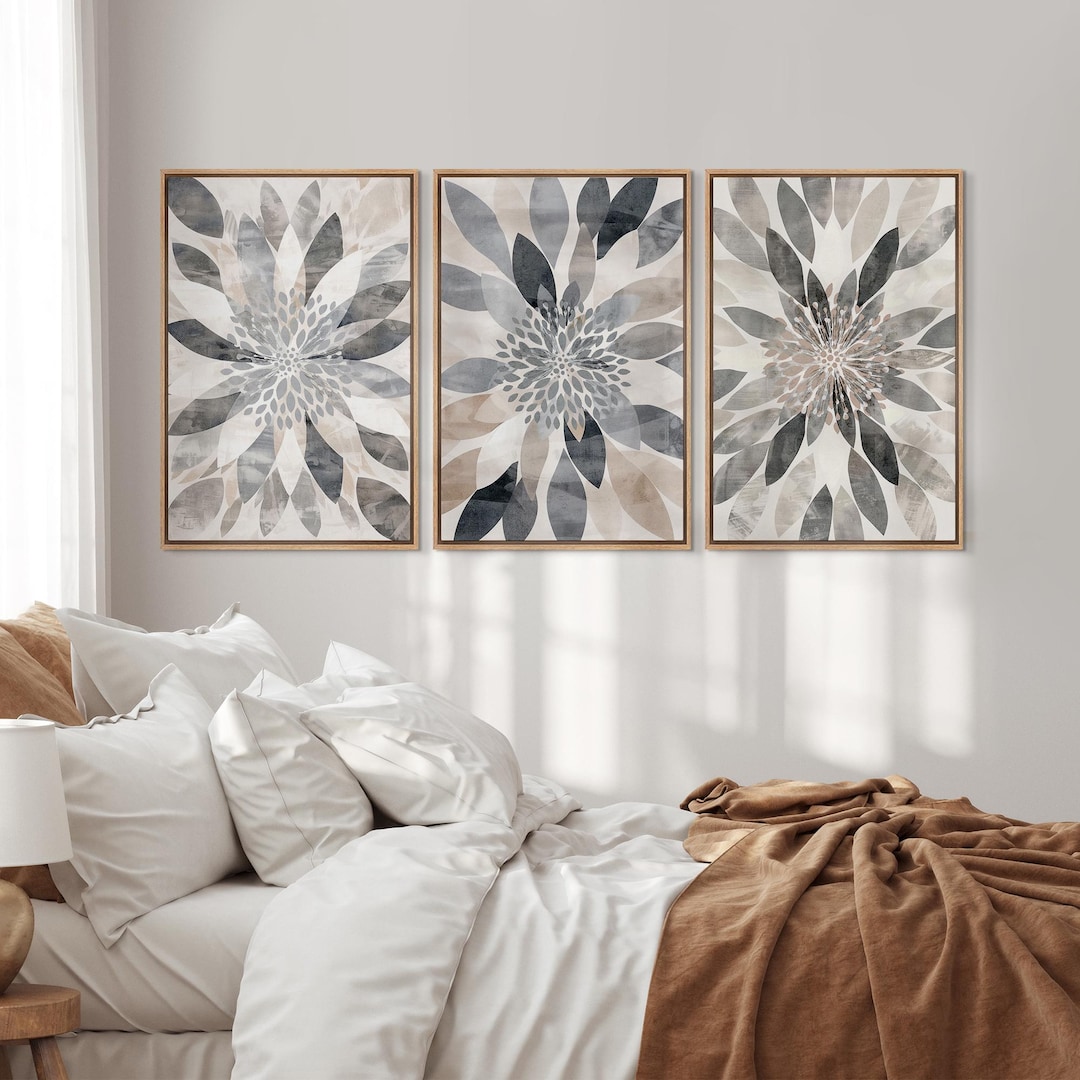 Framed Canvas Wall Art Prints Set of 3 Abstract Geometric Flower ...