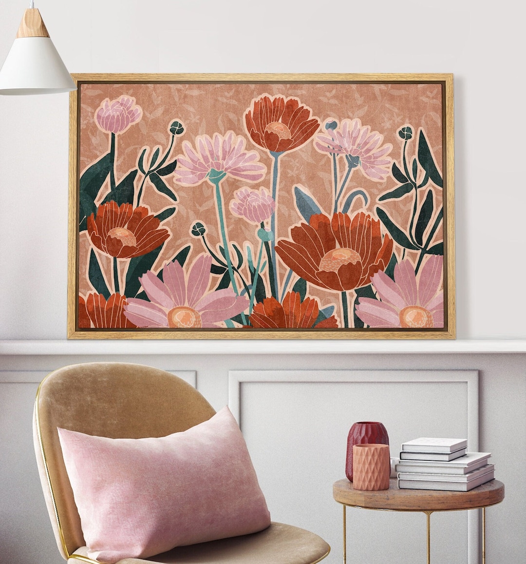 Boho Wall Art Prints, Retro Botanical Flower Gallery Wall Art, Red ...