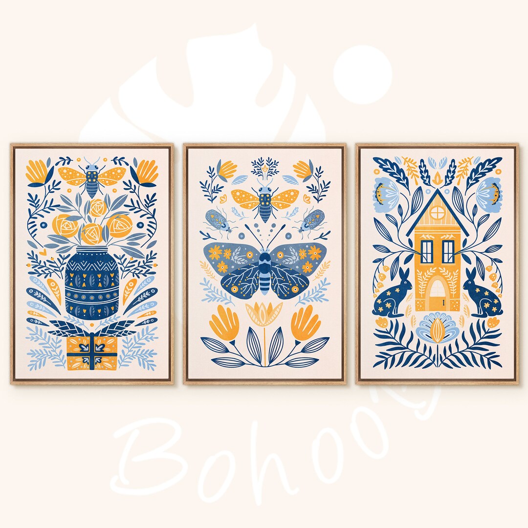 Botanical Print, Navy Blue Yellow Butterfly Poster Set, Boho ...
