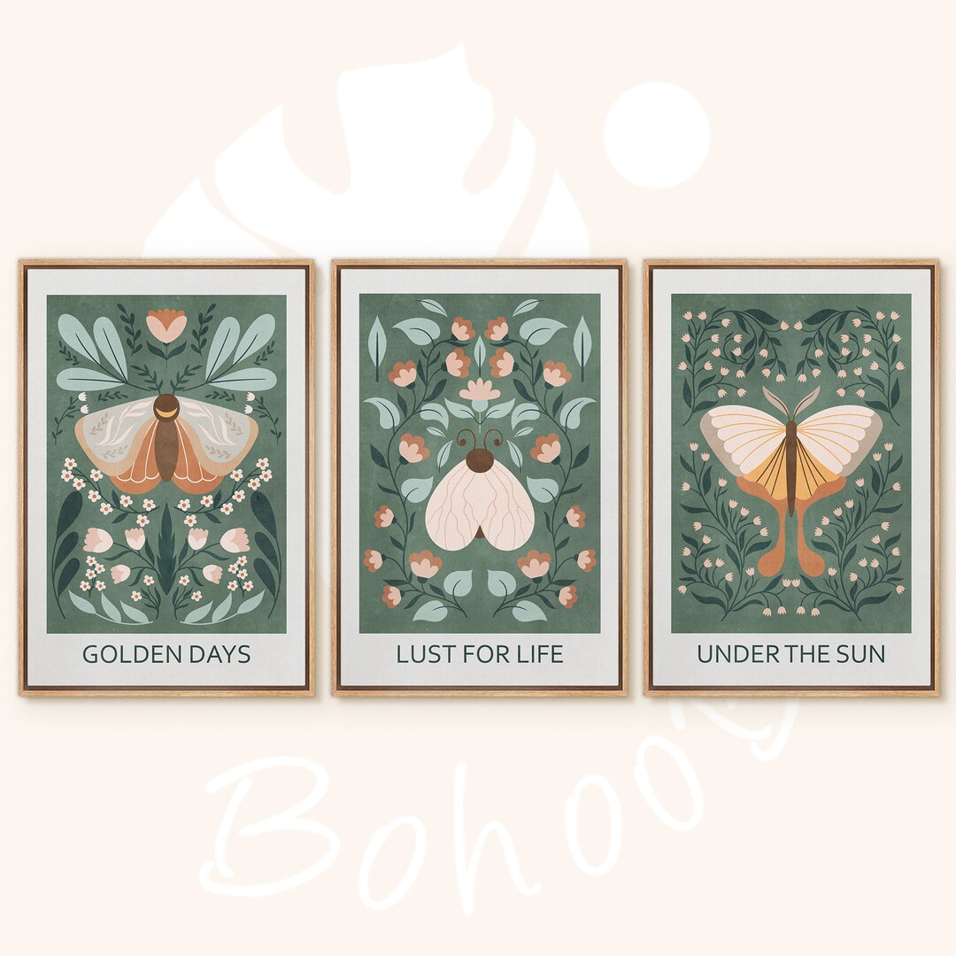 Botanical Print, Emerald Green Butterfly Poster Set, Boho Wildflowers ...