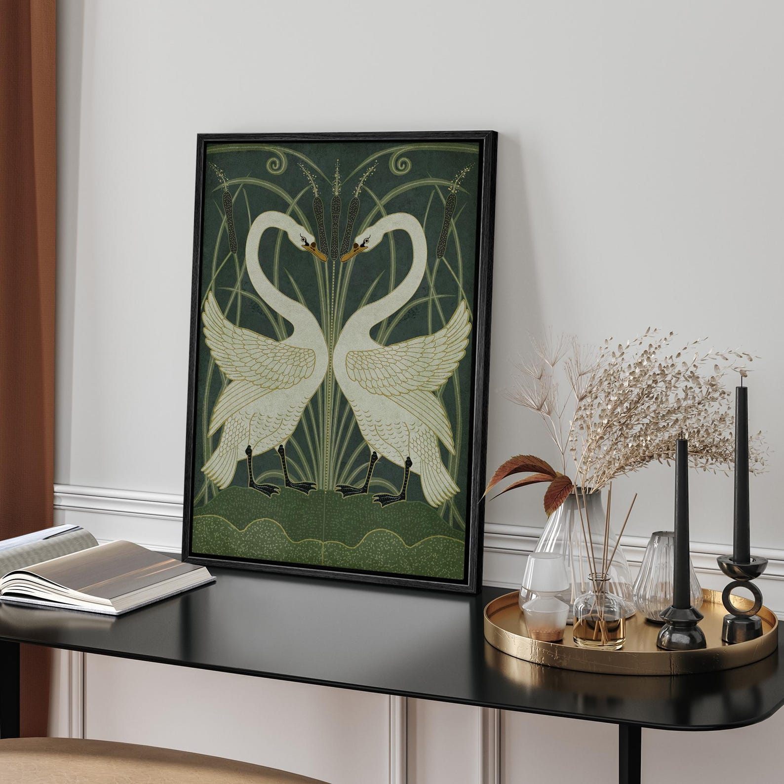 Framed Canvas Wall Art Prints Art Nouveau Swans Art Print Minimalist ...