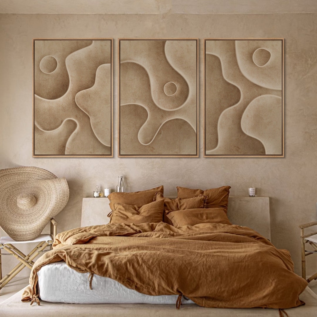 Framed Canvas Wasabi Wall Art Set of 3 Abstract Geometric Beige Japandi ...