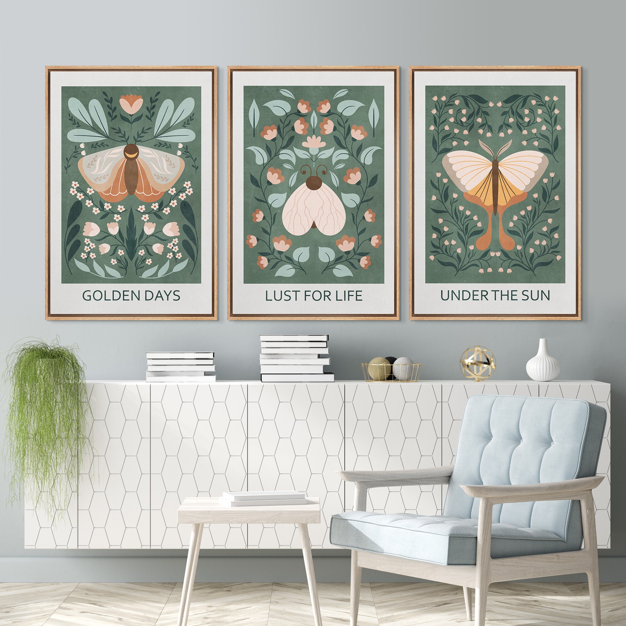 Botanical Print Emerald Green Butterfly Poster Set Boho - Etsy