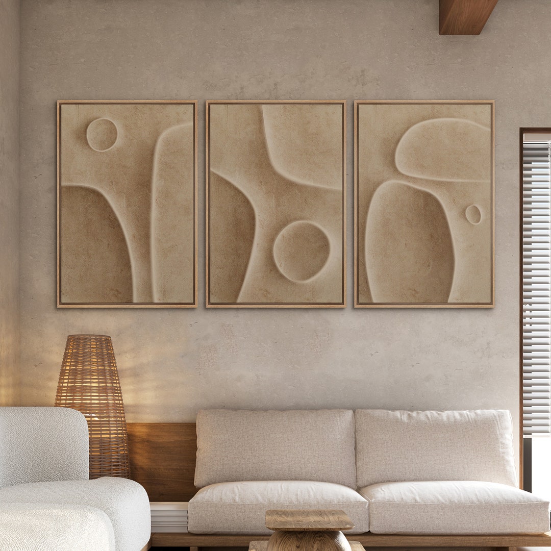 Framed Canvas Wasabi Wall Art Set of 3 Abstract Geometric Beige Japandi ...