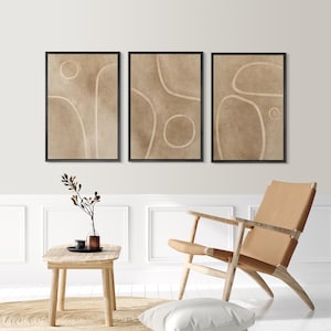 Framed Canvas Wasabi Wall Art Set of 3 Abstract Geometric Beige Japandi ...