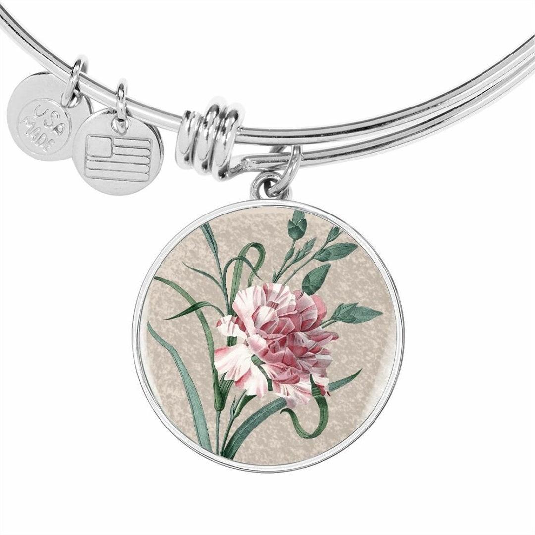 Carnation Flower Pendant Bangle, Vintage Art, Personalized Engraving - Etsy