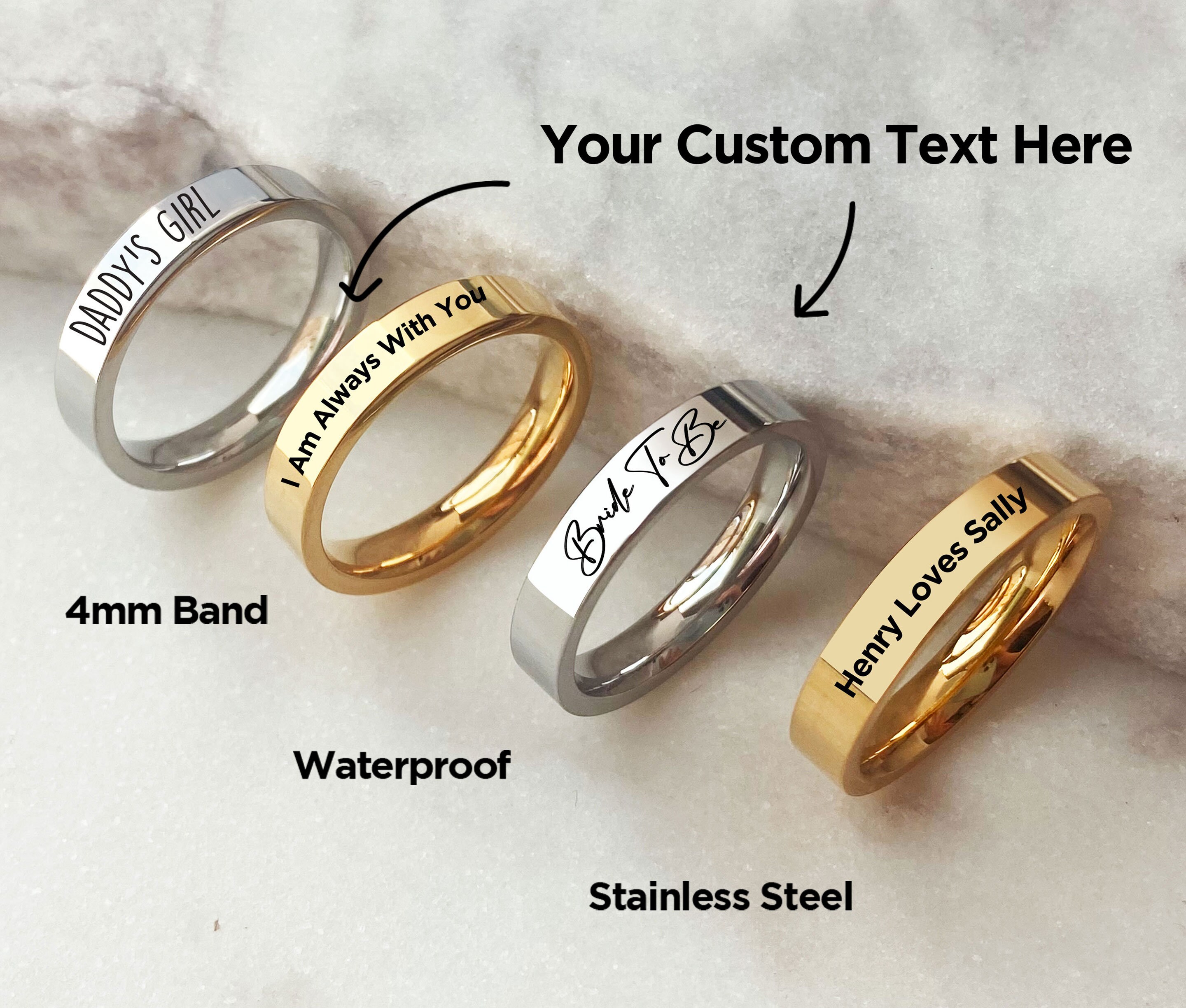 Custom Engraved Ring, Non Tarnish, Waterproof, Cursive Writing on Ring ...