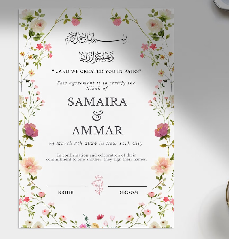 Nikahnama Nikah Certificate Nikah Muslim Couple Essentials - Etsy