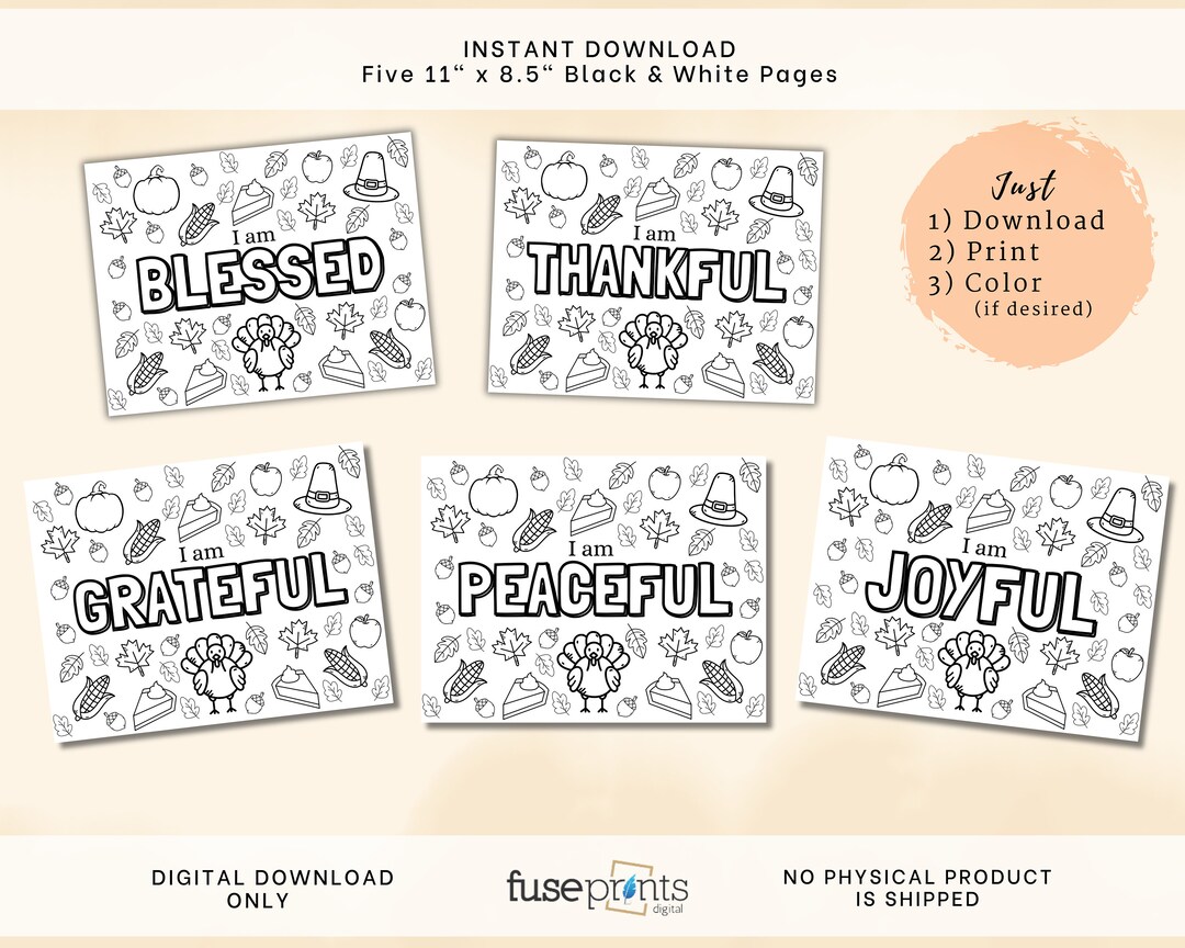 PRINTABLE Thanksgiving Affirmation Coloring Pages | 5 Pages of Kid's ...
