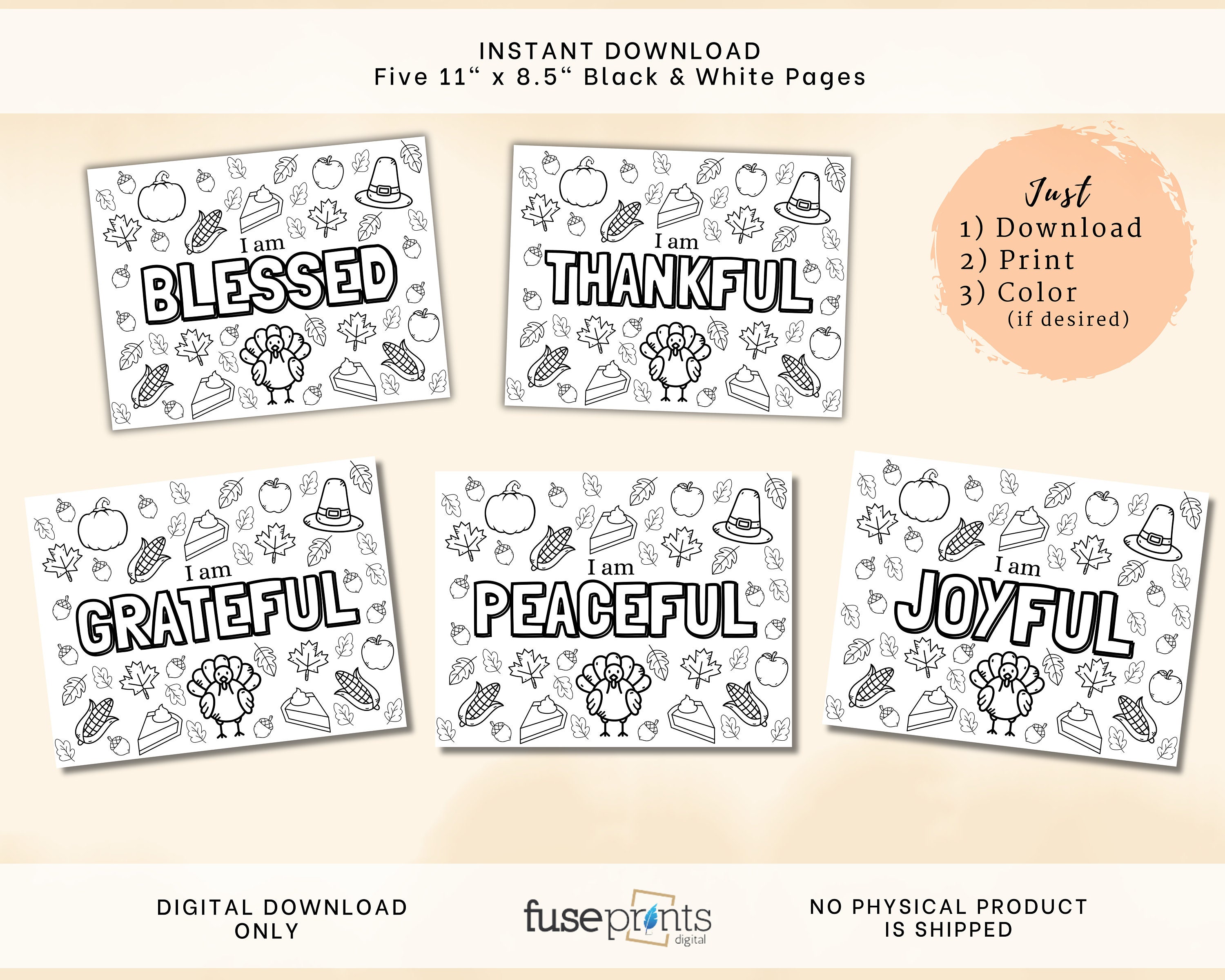 PRINTABLE Thanksgiving Affirmation Coloring Pages | 5 Pages of Kid's ...