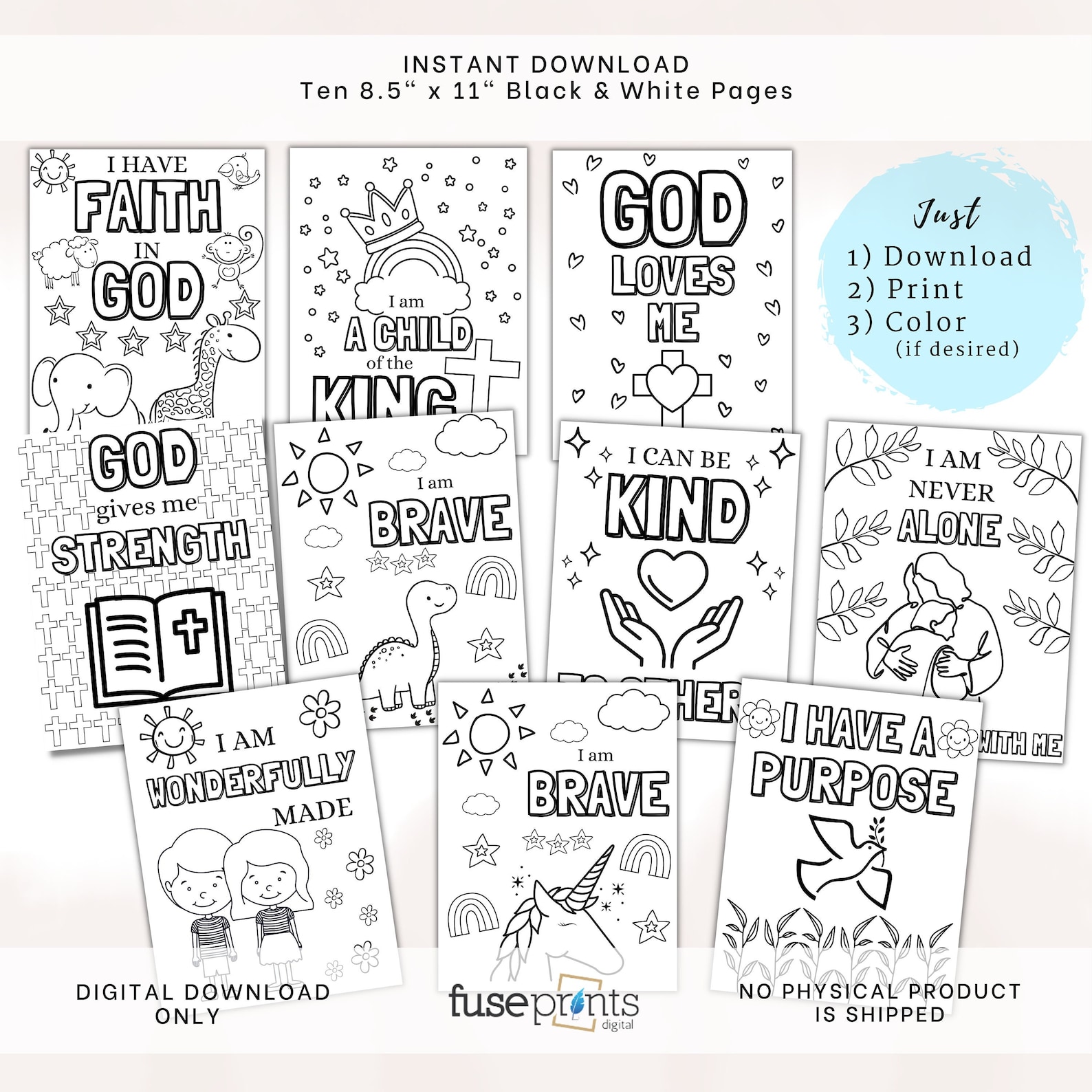 PRINTABLE Biblical Affirmation Coloring Pages | 10 Pages of Kid's ...