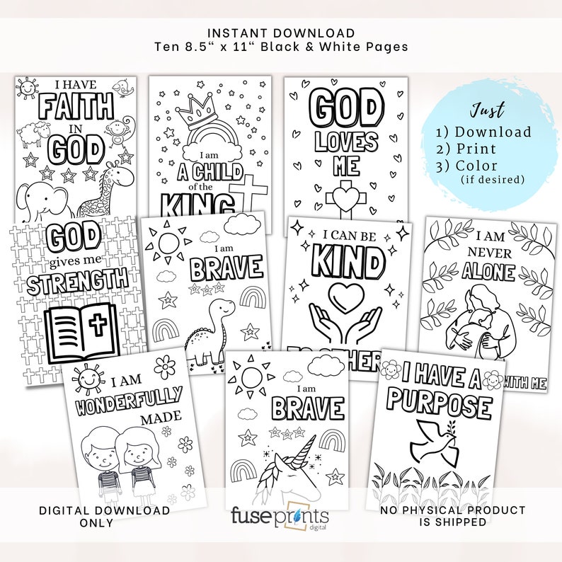 PRINTABLE Biblical Affirmation Coloring Pages | 10 Pages of Kid's ...