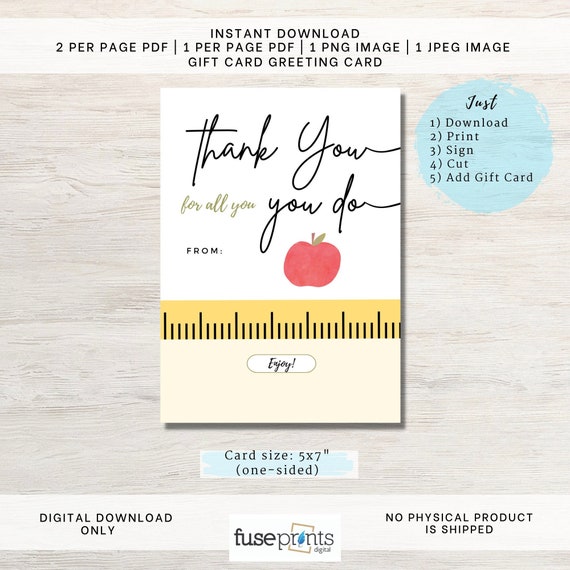 Teacher Appreciation Printable Gift Card Holder Thank You - Etsy