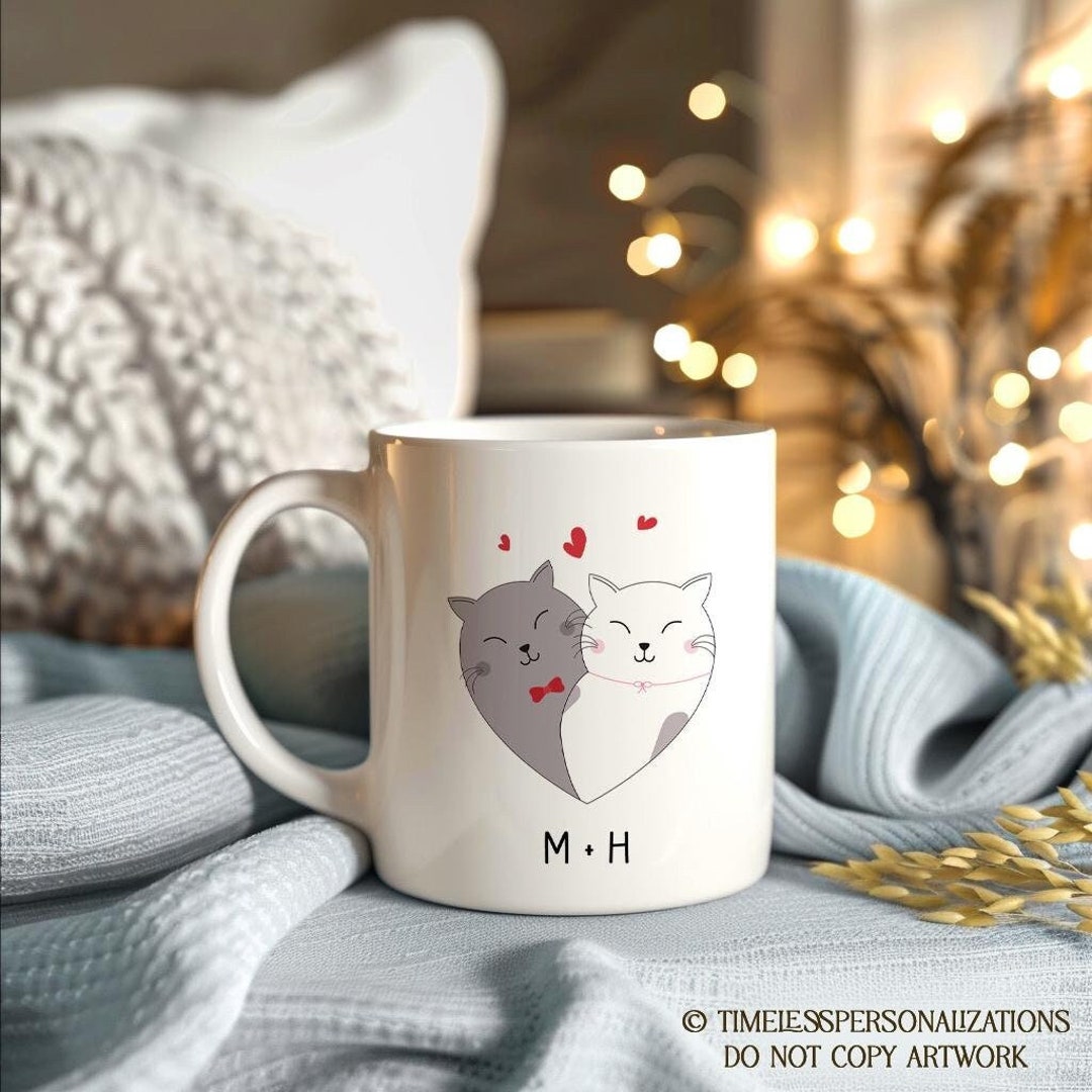 Lover's Couple Mug With Initials and Cat Heart Details - Personalized ...