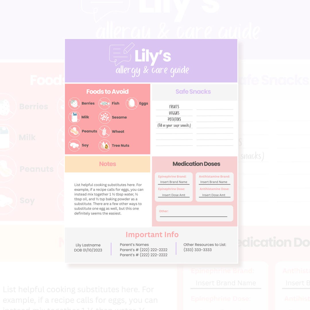 Child Allergy Guide 8.5x11in | Print or Digital Babysitter Info Sheet ...