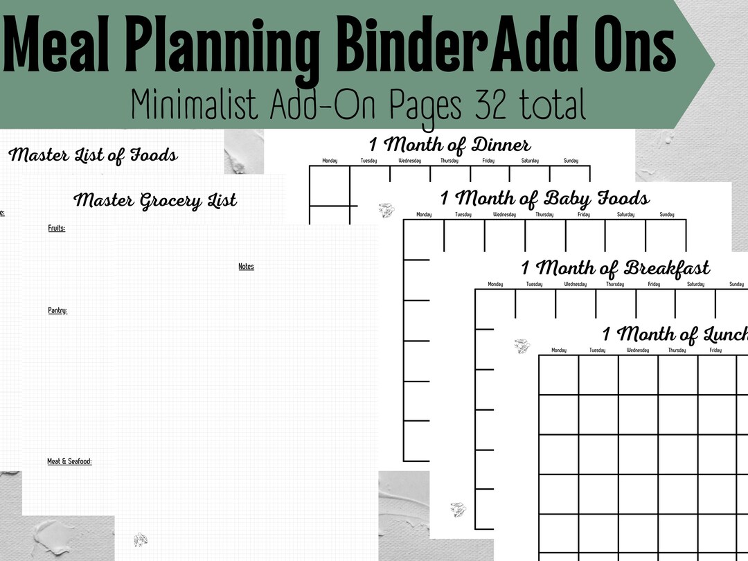 Minimalist Meal Planner Binder Add Ons, Grocery List, Monthly Meal Prep ...