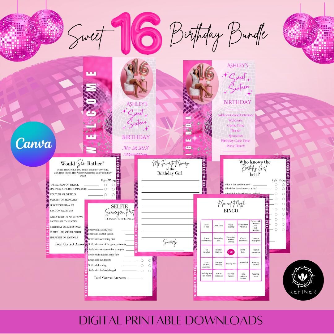 Sweet 16 Birthday Games | Welcome Sign | Agenda | Printable Sixteen ...