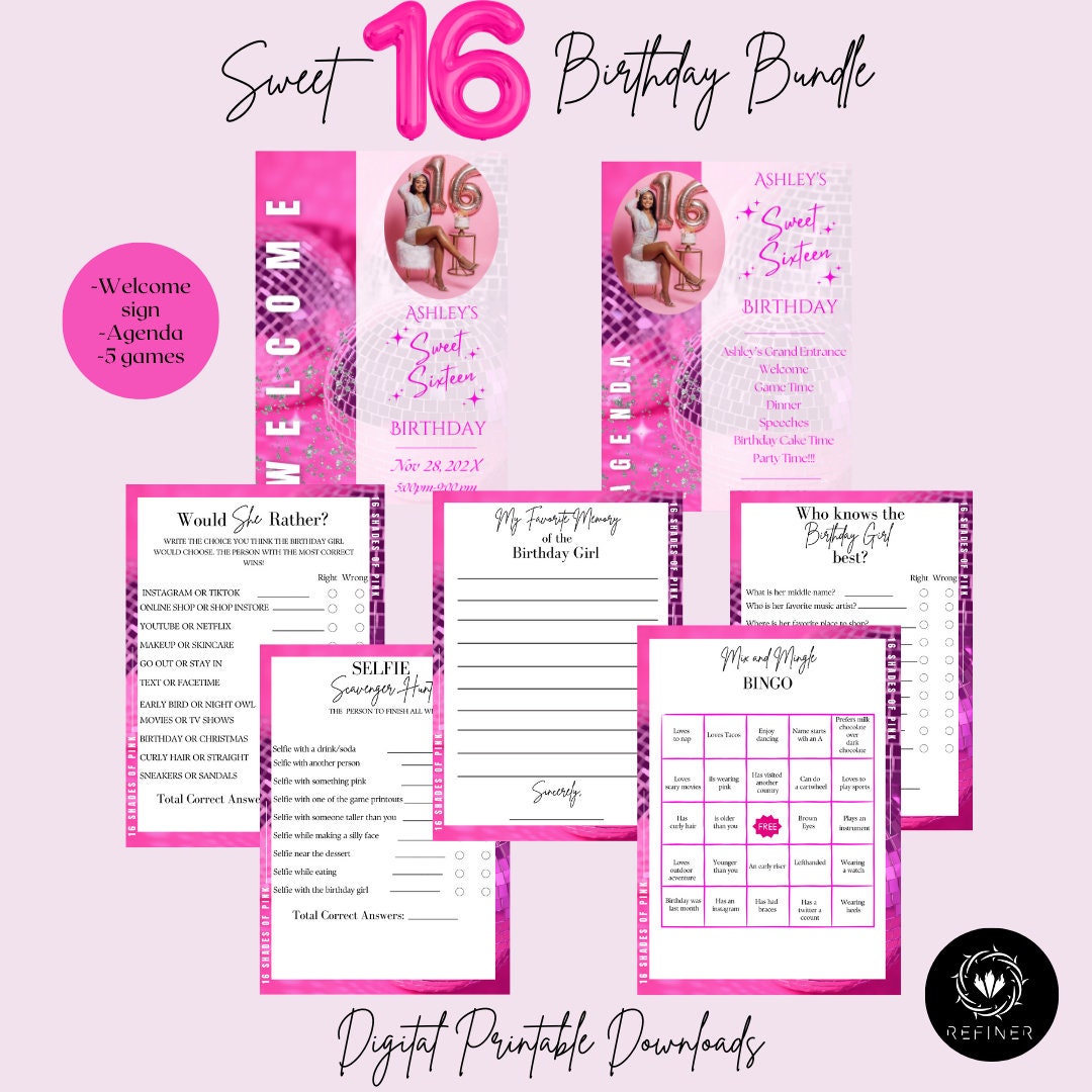Sweet 16 Birthday Games Welcome Sign Agenda Printable Sixteen Birthday ...