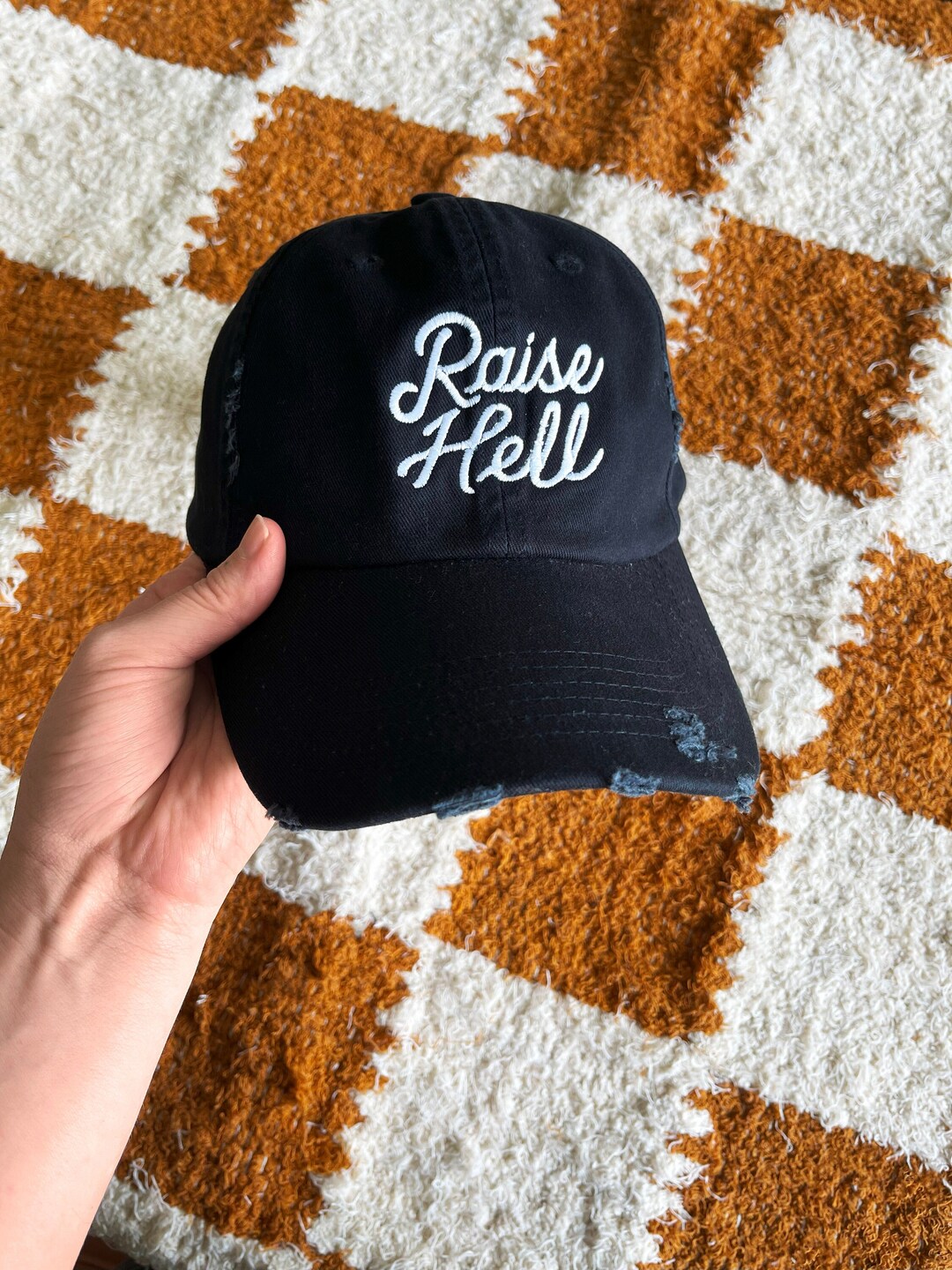 Raise Hell Embroidered Hat Distressed Black With White Stitching - Etsy