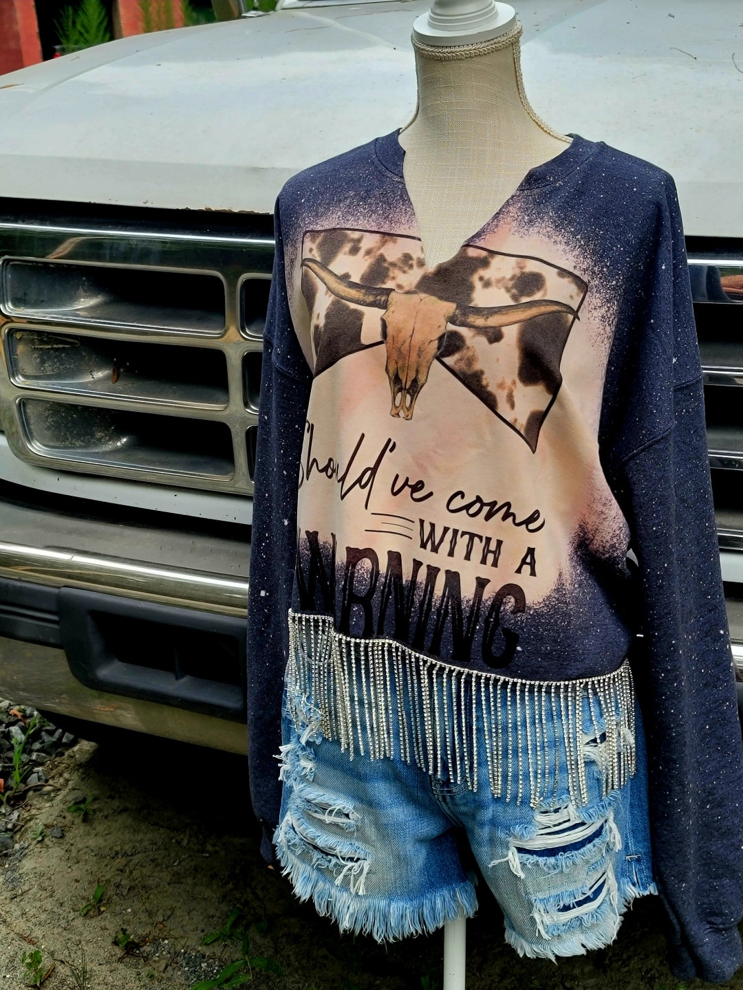 Should've Come With a Warning Rhinestone Fringe Sweatshirt - Etsy