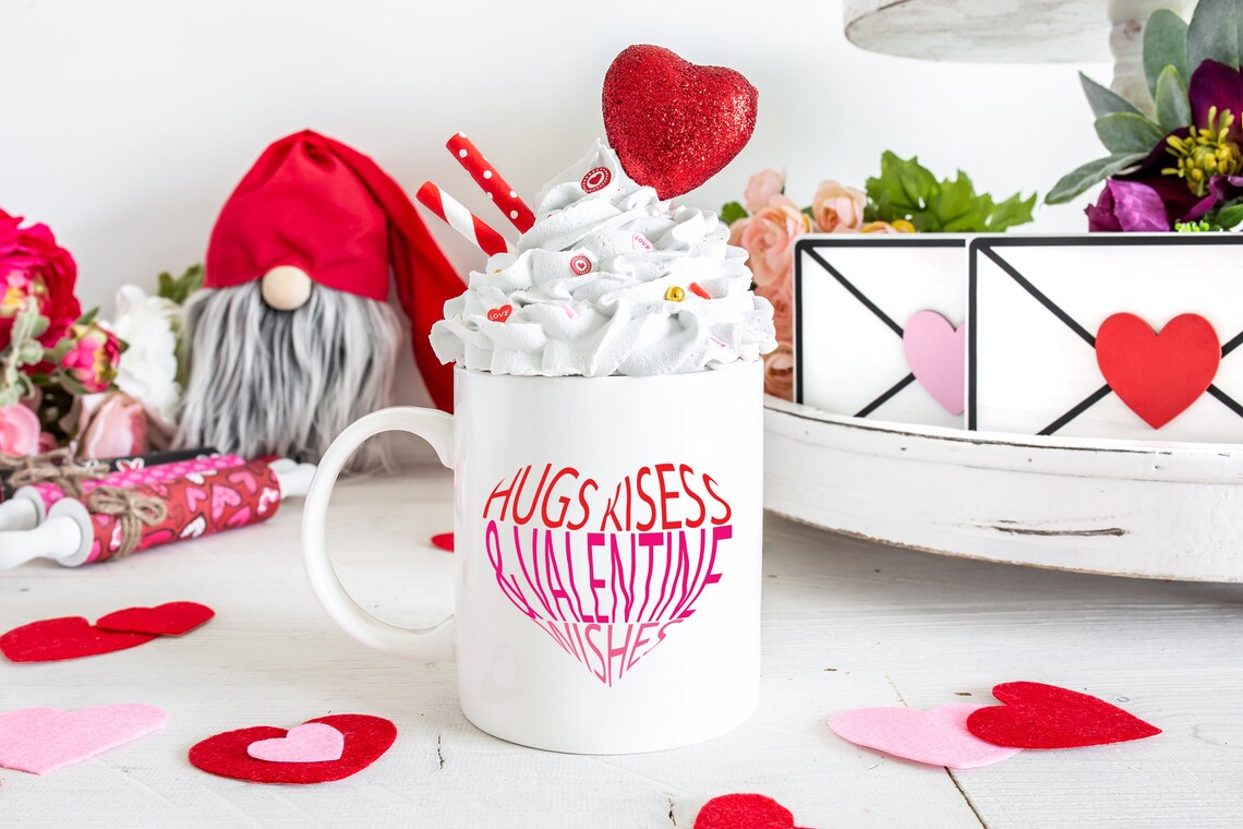 Hugs & Kisses Coffee Mug, Hugs Kisses Valentine Wishes Mug, Valentines Heart Mug, Valentines Day ...