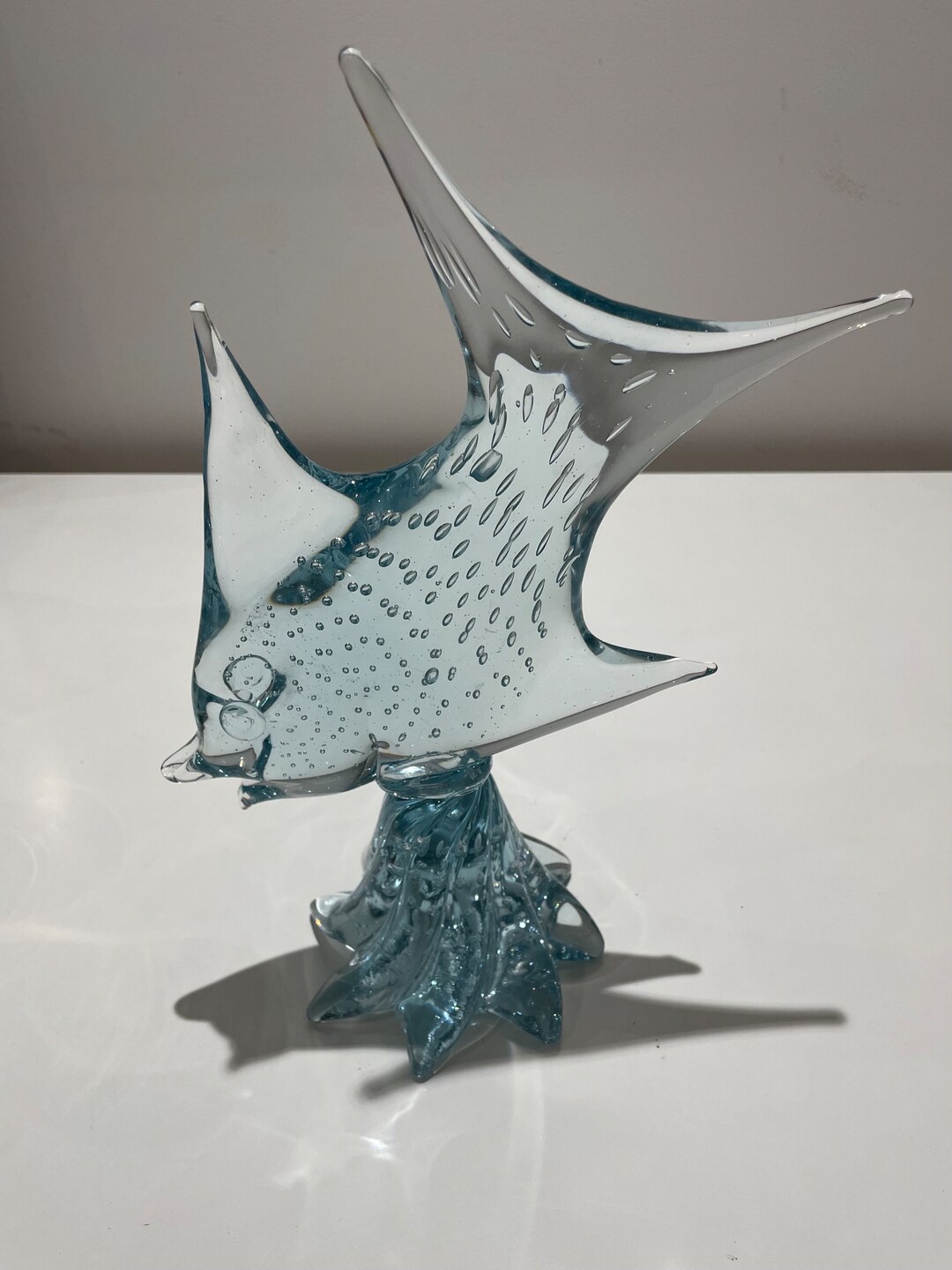 Elegant Murano Style Art Glass Controlled Bubble Aquamarine Fish Fused ...
