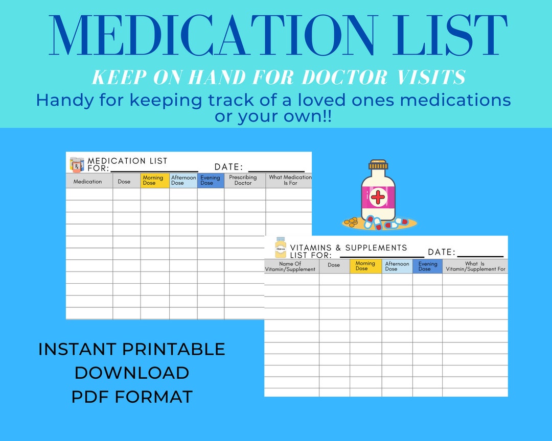 Printable Medication List: Medication Tracker (PDF Format) - Etsy