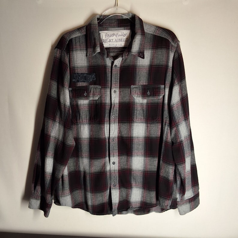 KITTIE Band Upcycled Long Sleeve Graphic Flannel Button Down Shirt ...