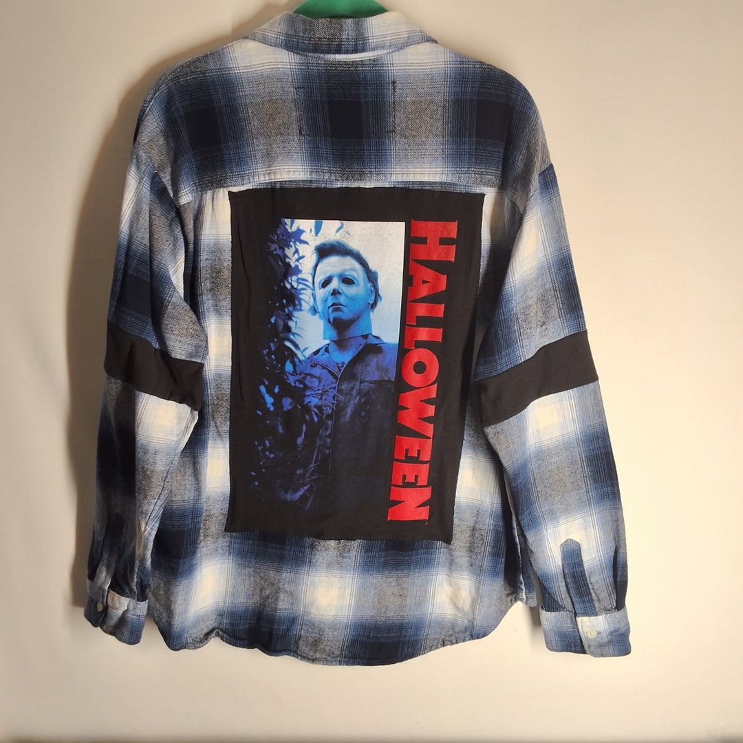 Halloween Michael Myers Upcycled Blue Plaid Button Down Shirt Flannel ...