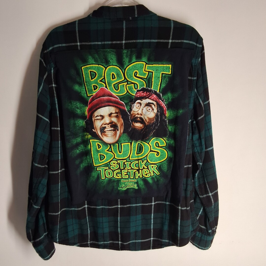 Cheech and Chong Upcycled Long Sleeve Graphic Flannel Button Down Shirt ...
