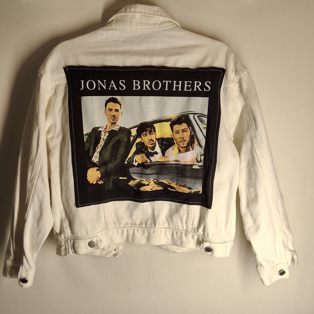 Jonas Brothers Upcycled White Denim Jacket Bling Badazzled Logo Long ...