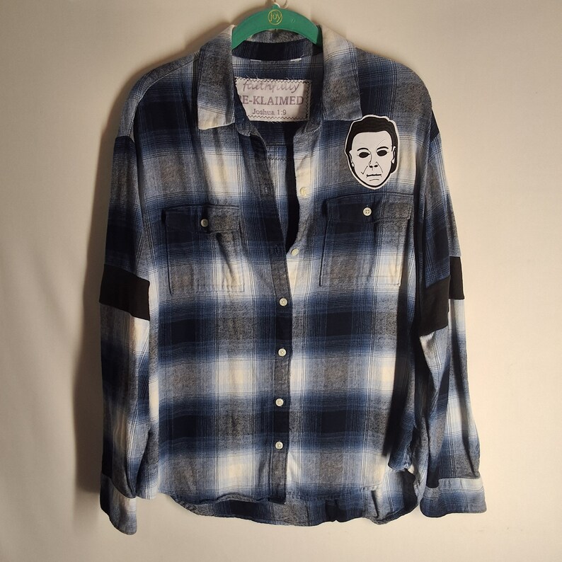 Halloween Michael Myers Upcycled Blue Plaid Button Down Shirt Flannel ...
