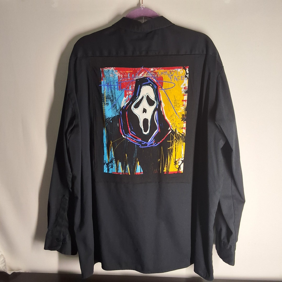 Ghostface Upcycled Black Artsy Button Down Shirt Unisex Size 2X - 1 of ...