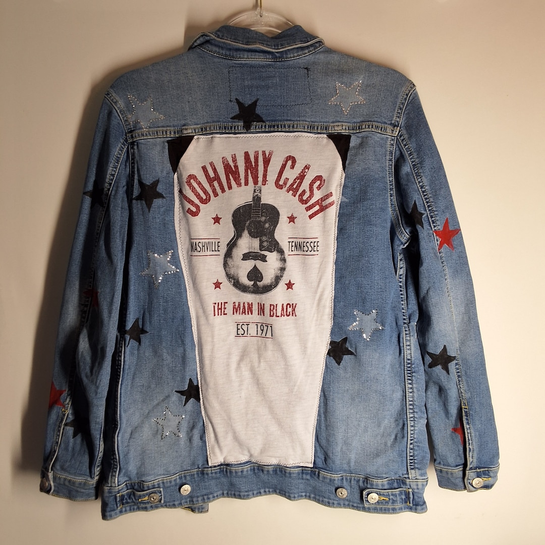 Johnny Cash Upcycled Denim Jacket Star Print Bling Badazzled Red Black ...